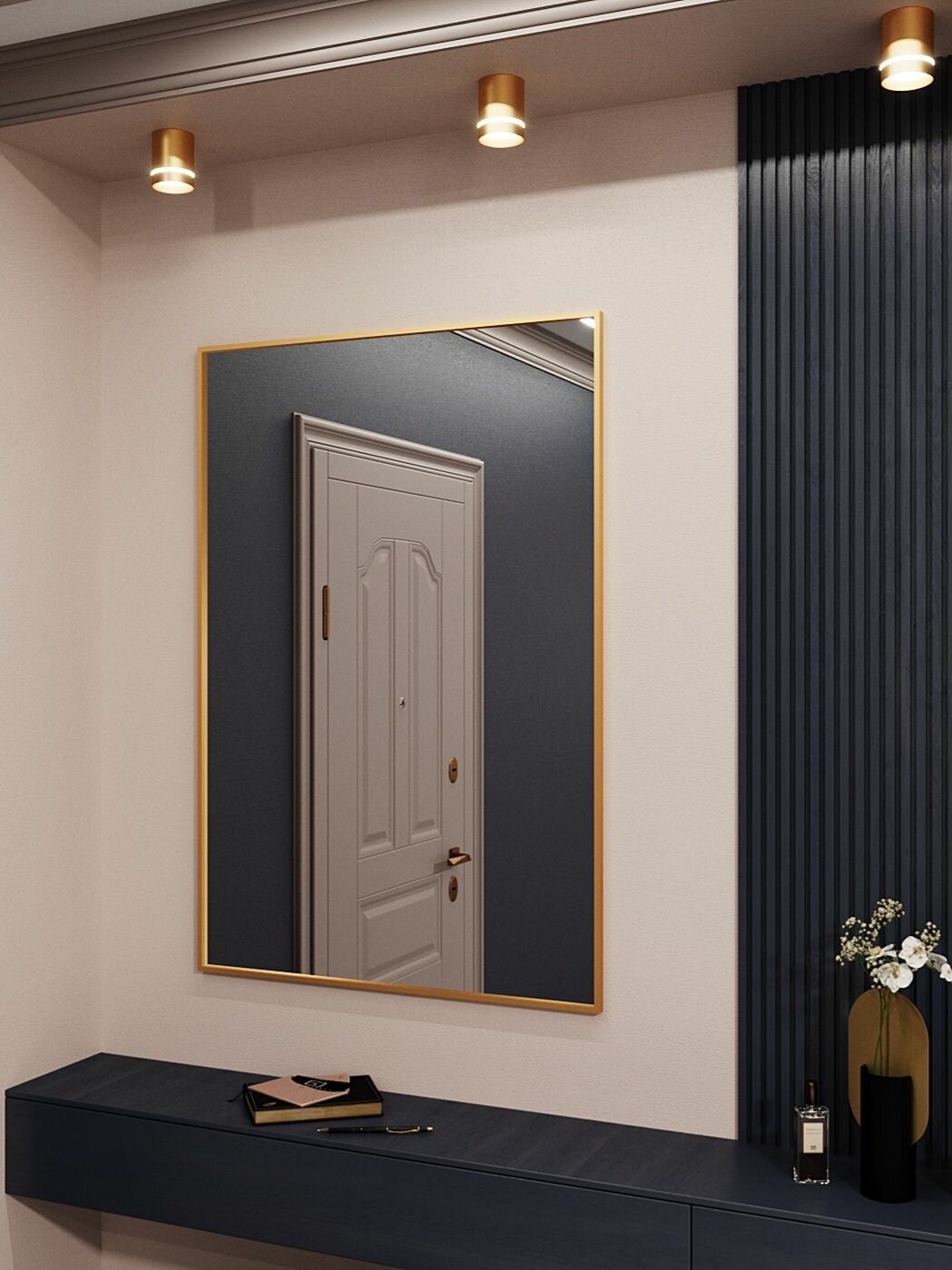 Зеркало настенное 130х80 см. ONE MARKET интерьерное в алюминиевой раме, Золотое