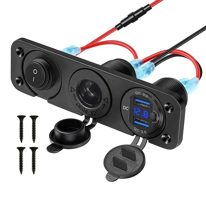 Панель зарядки 3 в 1 с вольтметром, QC3.0, Blue with button