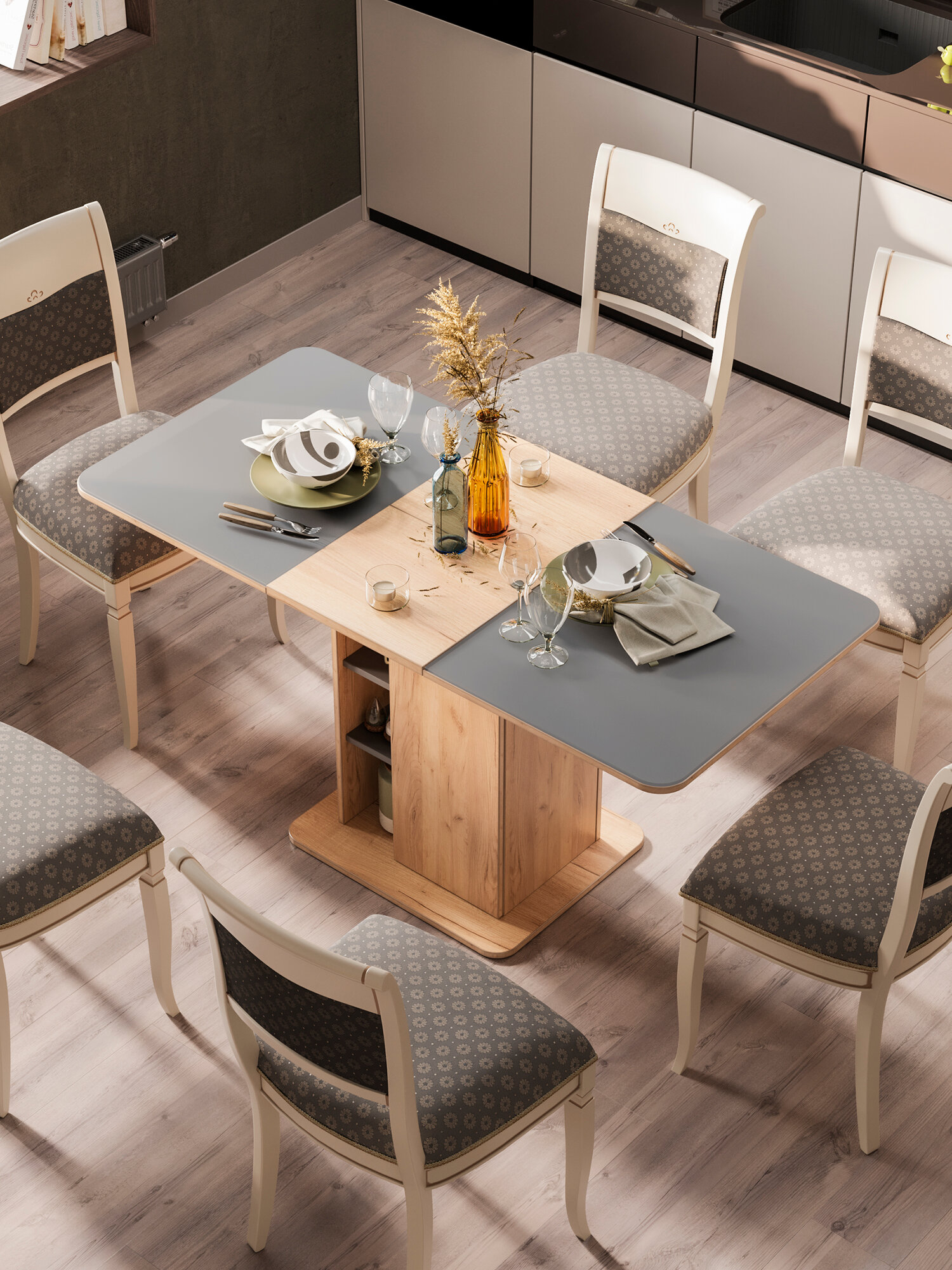 Стол обеденный раздвижной с полками, FRENT, дуб золотой/серый, Мюнхен тип 1