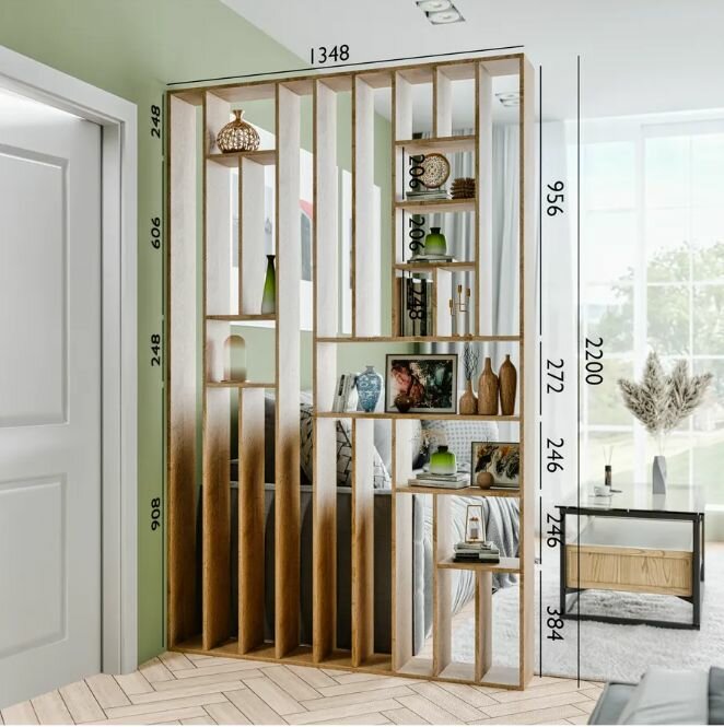 Перегородка с полками для зонирования, дуб вотан, 1348 мм, 16х200 мм