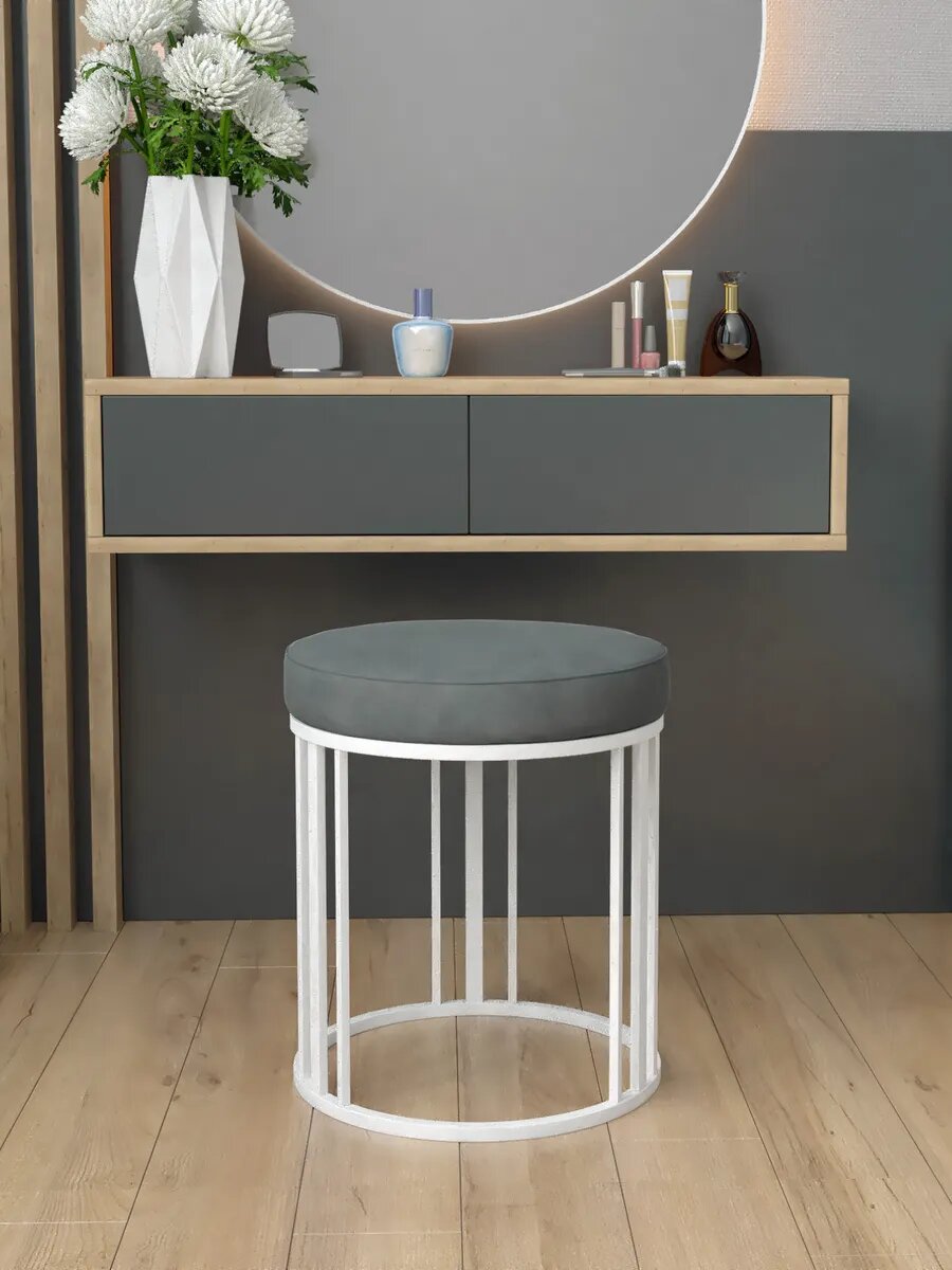 Пуфик Castle "Леон-4", для прихожей и спальни, металлический каркас, велюр искусственный, белый/серый