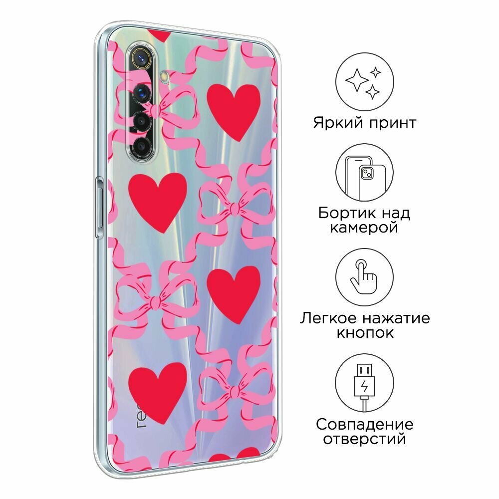 Чехол на Realme 6 / Реалми 6 с принтом "Hearts and ribbons 2 - 14 февраля", прозрачный — фото 1