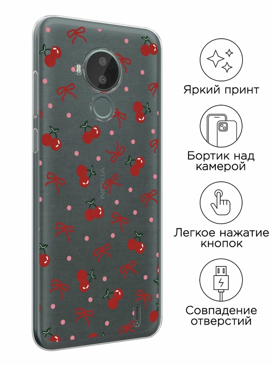 Чехол на Nokia C30 / Нокия C30 с принтом "Вишни и ленточки", прозрачный — фото 1