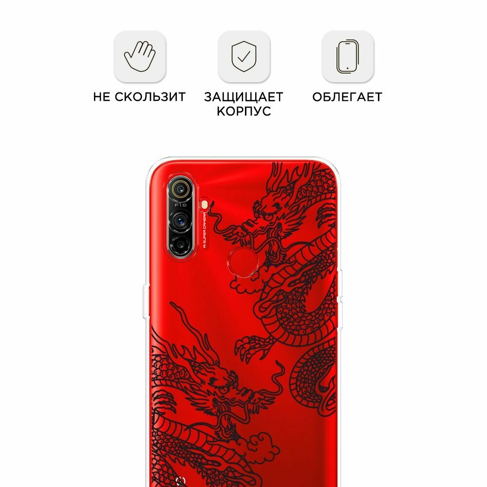 Чехол на Realme C3 / Реалми C3 с принтом "Два китайских дракона", прозрачный — фото 1