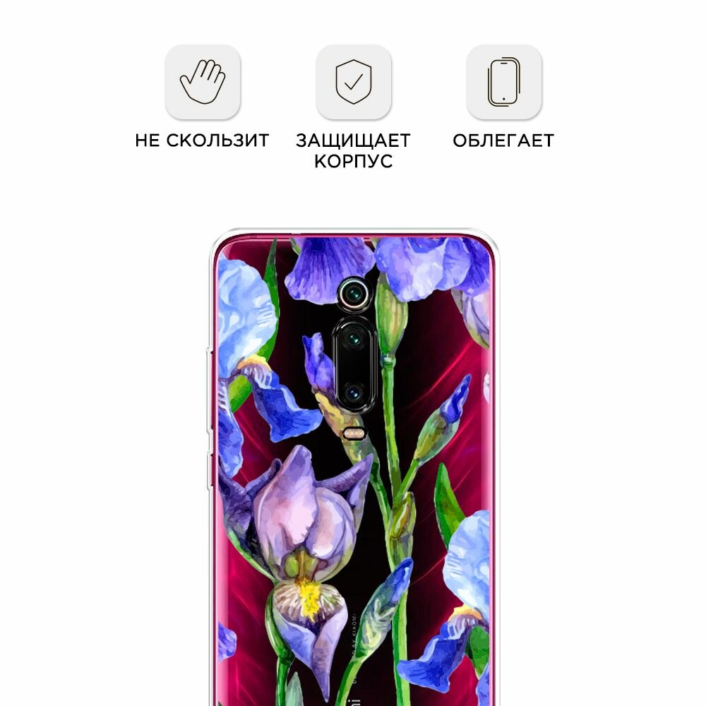 Чехол на Xiaomi Redmi K20/K20 Pro/Mi 9T/9T Pro / Сяоми Редми К20/K20 Pro/Mi 9T с принтом "Синие ирисы", прозрачный — фото 1