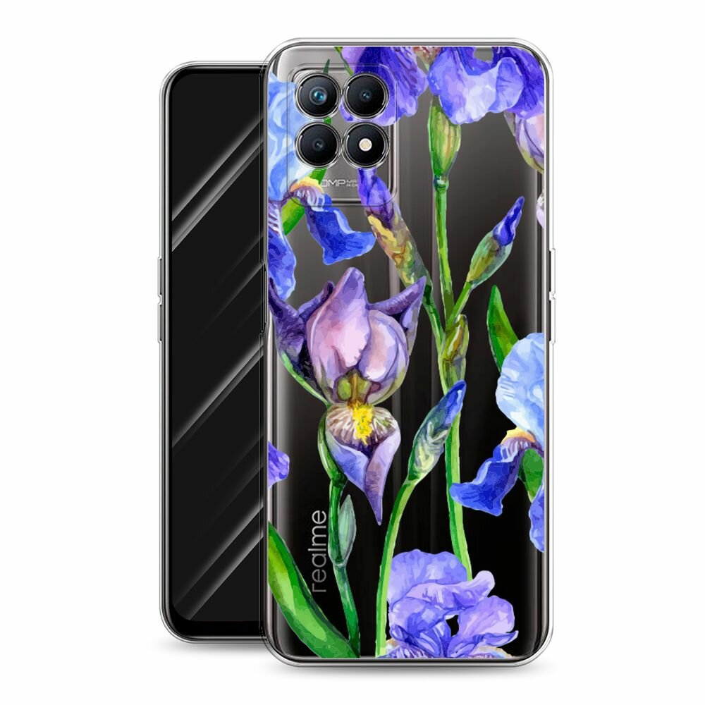 Чехол на Realme 8i / Реалми 8i с принтом "Синие ирисы", прозрачный — фото 1