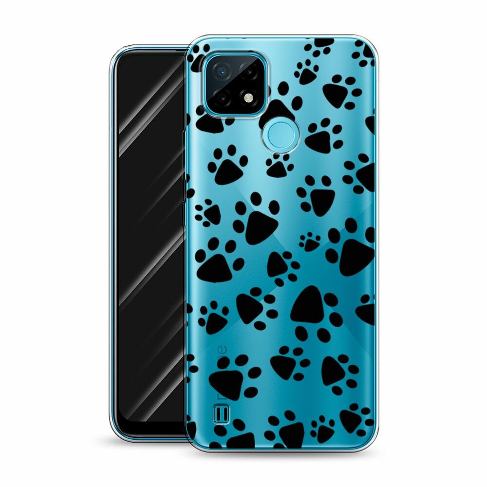 Чехол на Realme C21 / Реалми С21 с принтом Лапки черные, прозрачный — фото 1