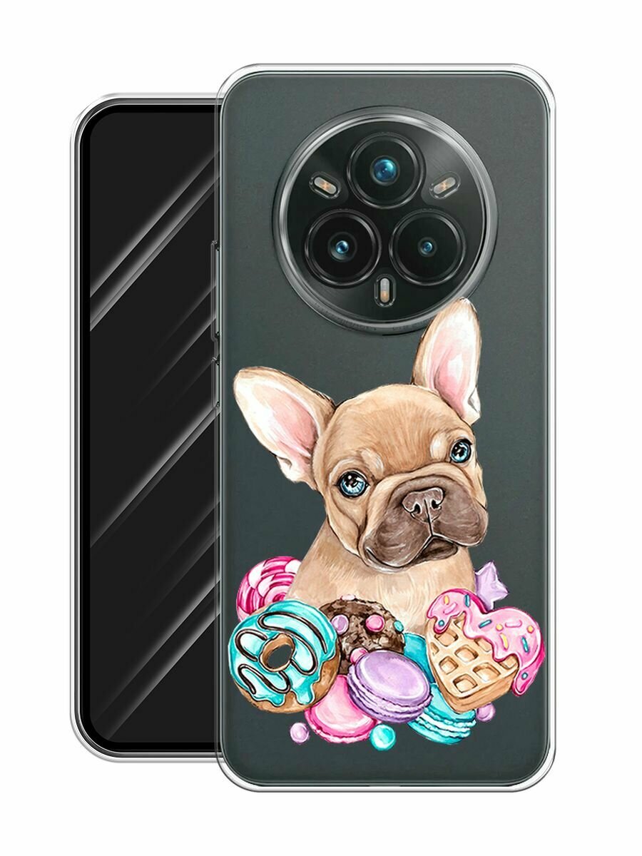 Чехол на Realme 14 Pro / Реалми 14 Про с принтом "Бульдог и сладости", прозрачный — фото 1