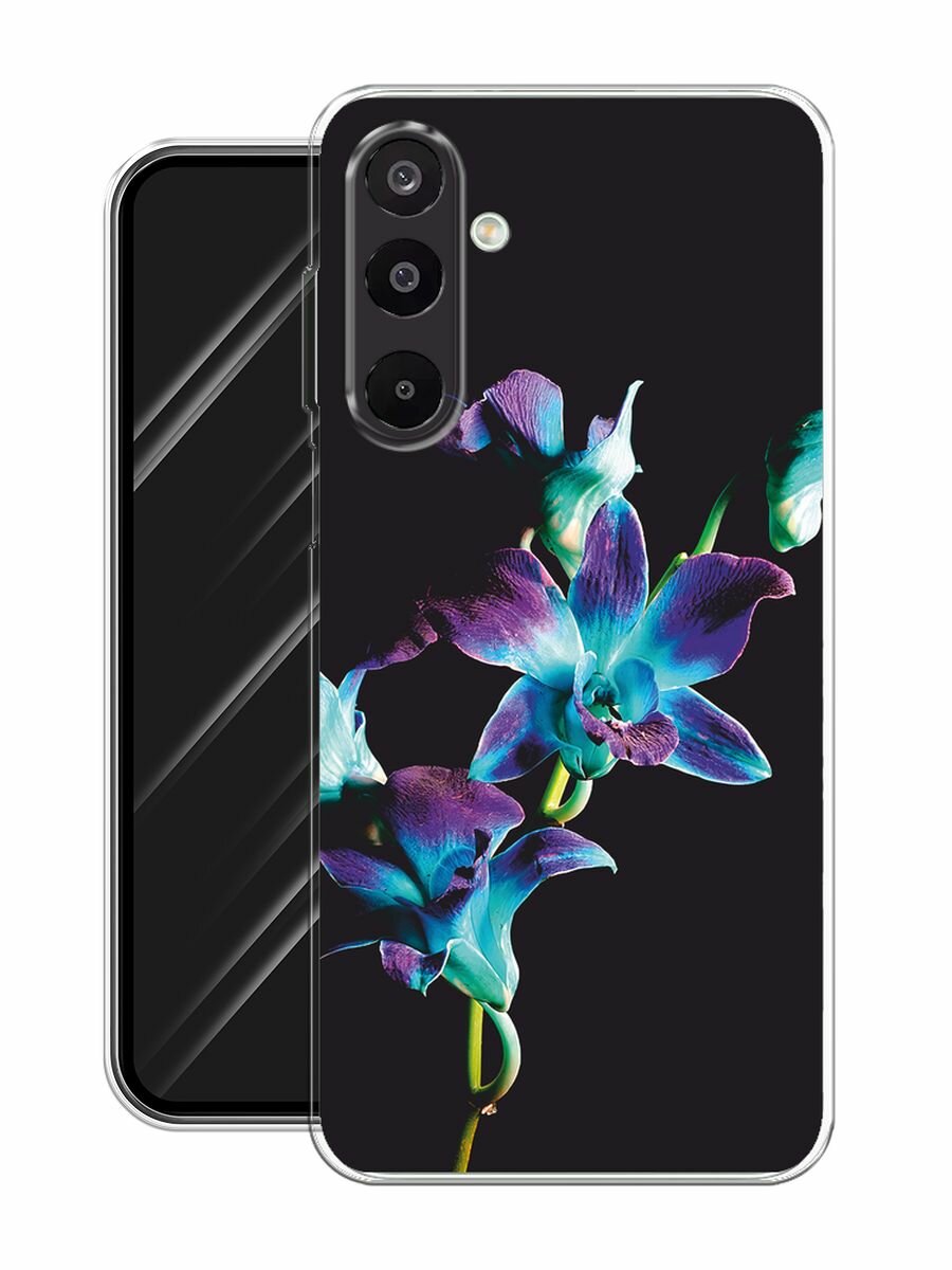 Чехол на Samsung Galaxy M16 / Самсунг Галакси М16 с принтом "Синий цветок на черном" — фото 1