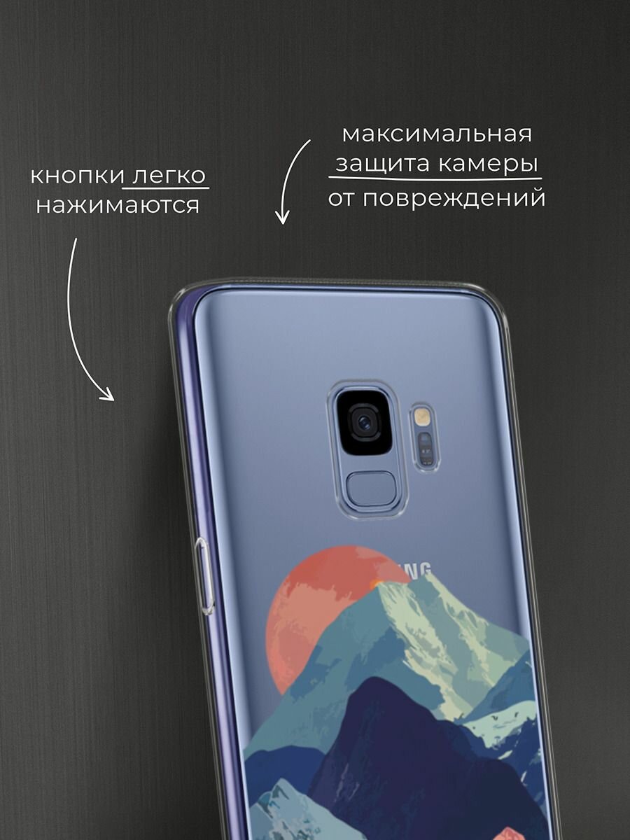 Чехол на Samsung Galaxy S9 / Самсунг Галакси С9 с принтом "Закат в снежных горах", прозрачный — фото 1