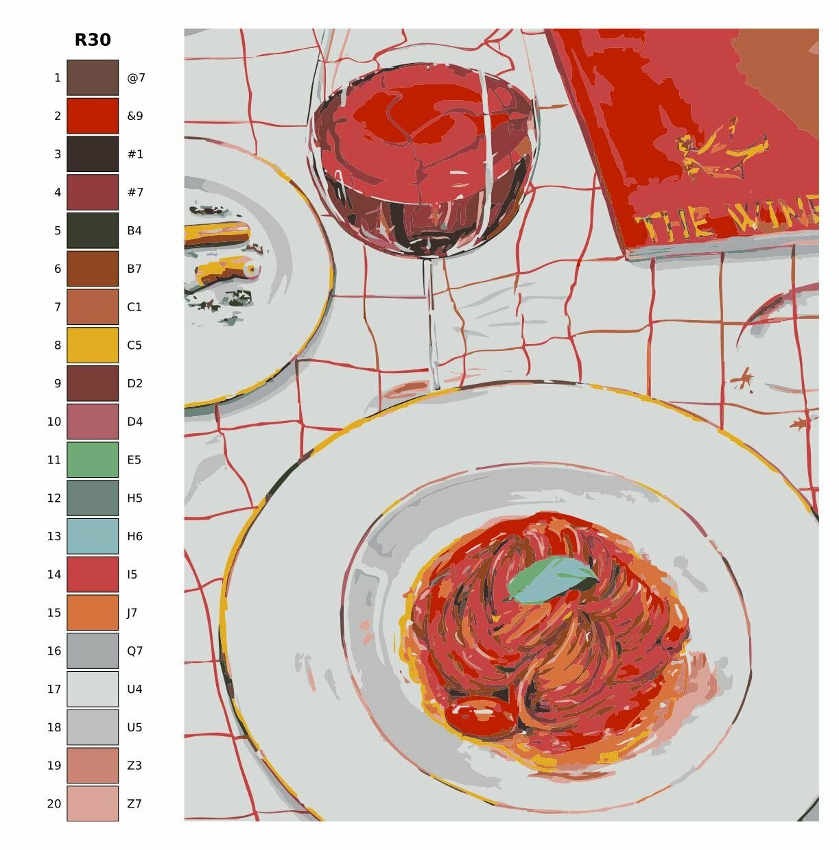 Картина по номерам R-30 "Натюрморт -Спагетти аль помодоро и бокал красного вина" 40x50 см