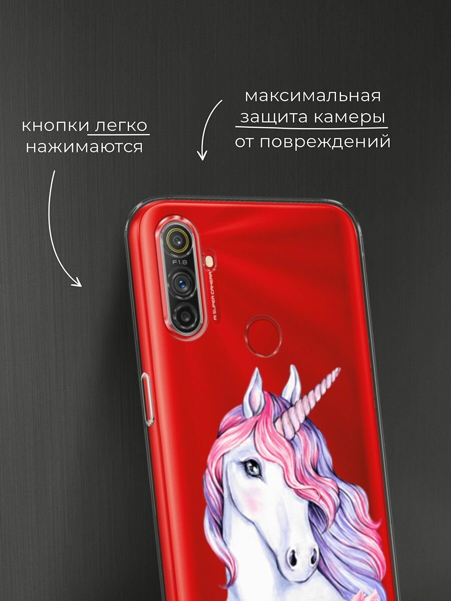 Чехол на Realme C3 / Реалми C3 с принтом "Единорог с пионами", прозрачный — фото 1