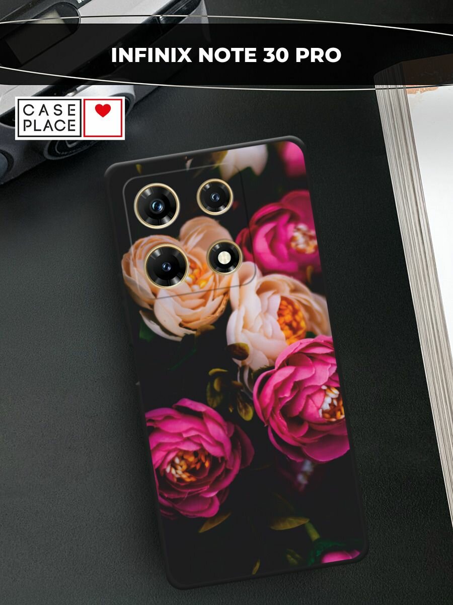 Черный матовый чехол на Infinix Note 30 Pro / Инфиникс Нот 30 Про с принтом "Розовые пионы на черном"