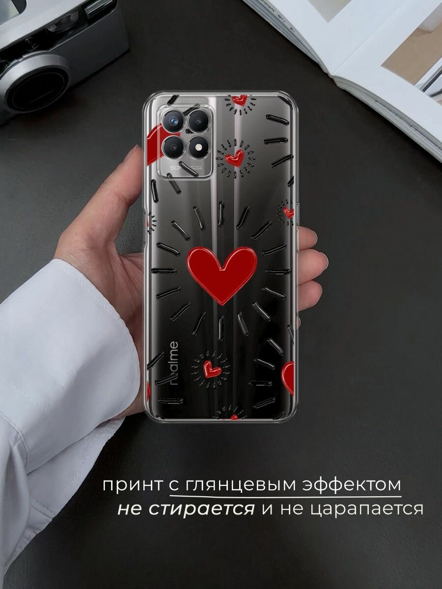 Чехол на Realme 8i / Реалми 8i с принтом "Бордовые сердца паттерн" — фото 1