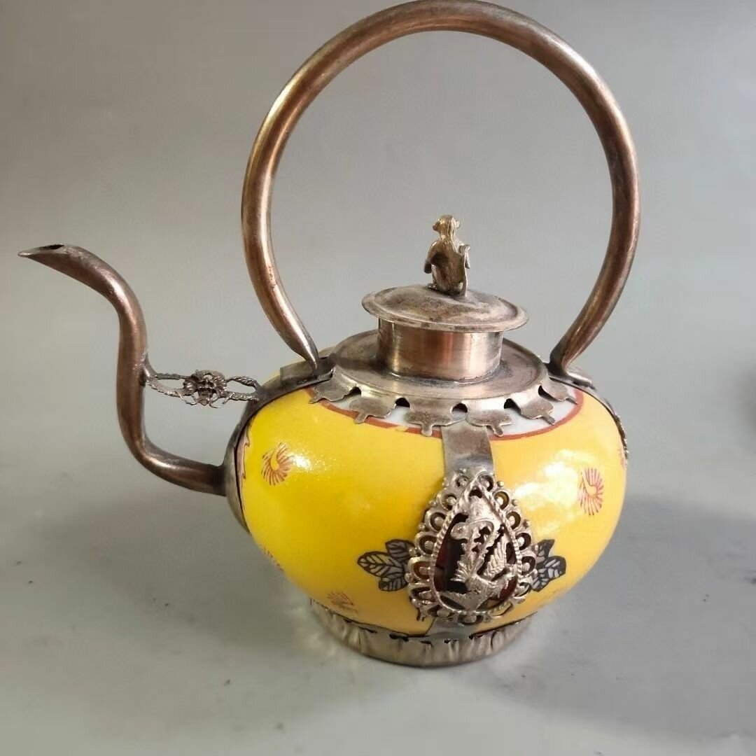 Заварочный чайник фарфоровый в тибетском стиле, фарфор, Жёлтый, Китай, винтаж