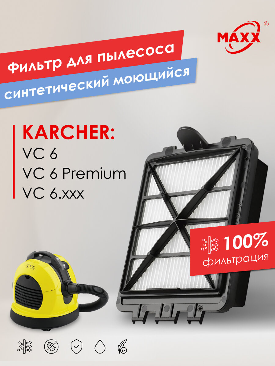 HEPA фильтр для пылесоса Karcher VC6, 6 Premium, 6100, 6150, 6200, 6250 PET, 6300, 6300 B, 6350, 6400 PB (6.414-805.0) моющийся