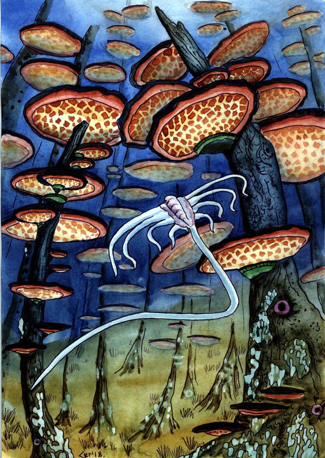 Картина "Фантастический подводный мир - Медузоскат", акварель, графика, ручная работа, 21х30 см