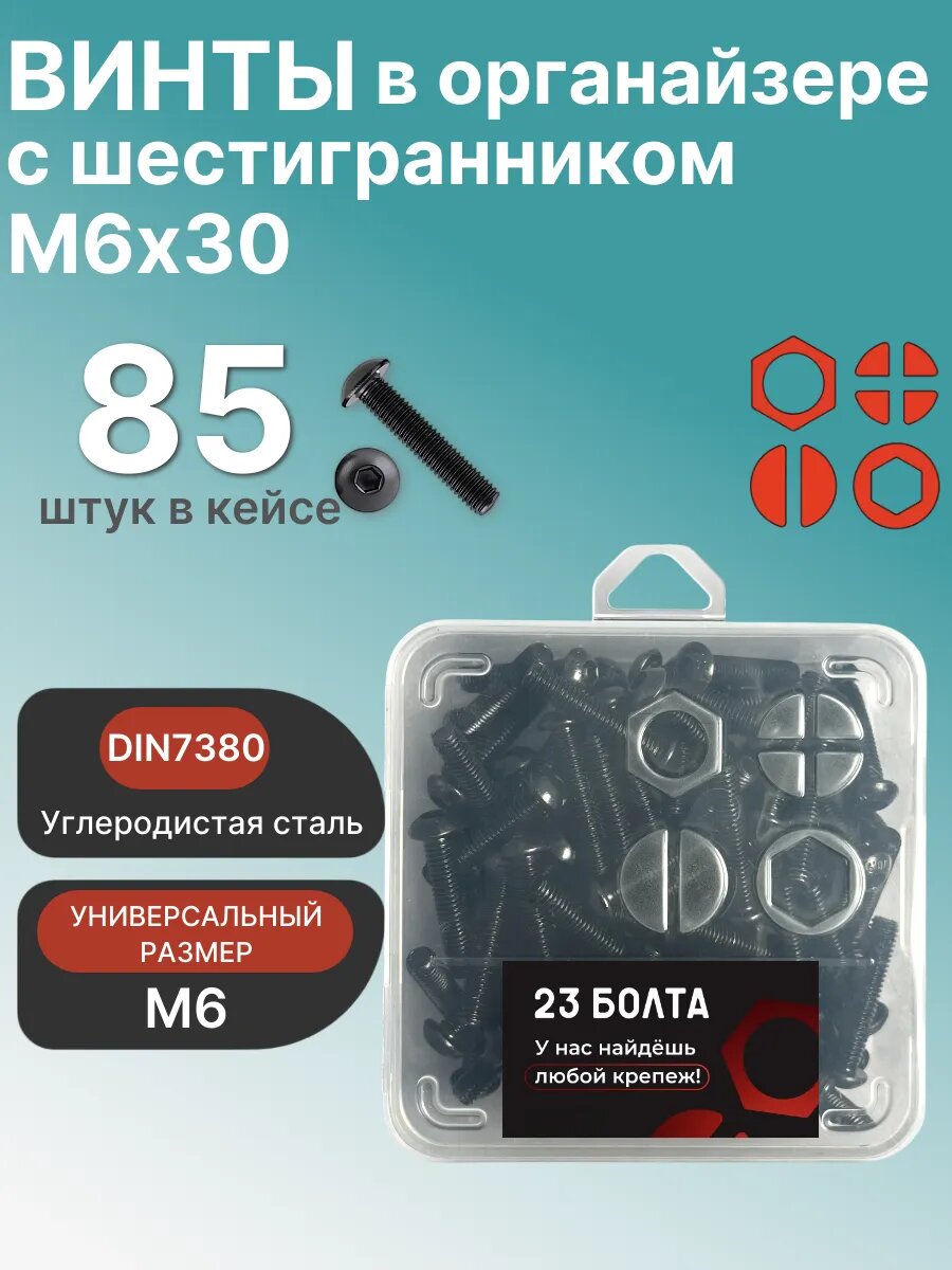 Винт чёрный 6х30 ISO 7380 к. п.10.9 в органайзере, 85 шт.