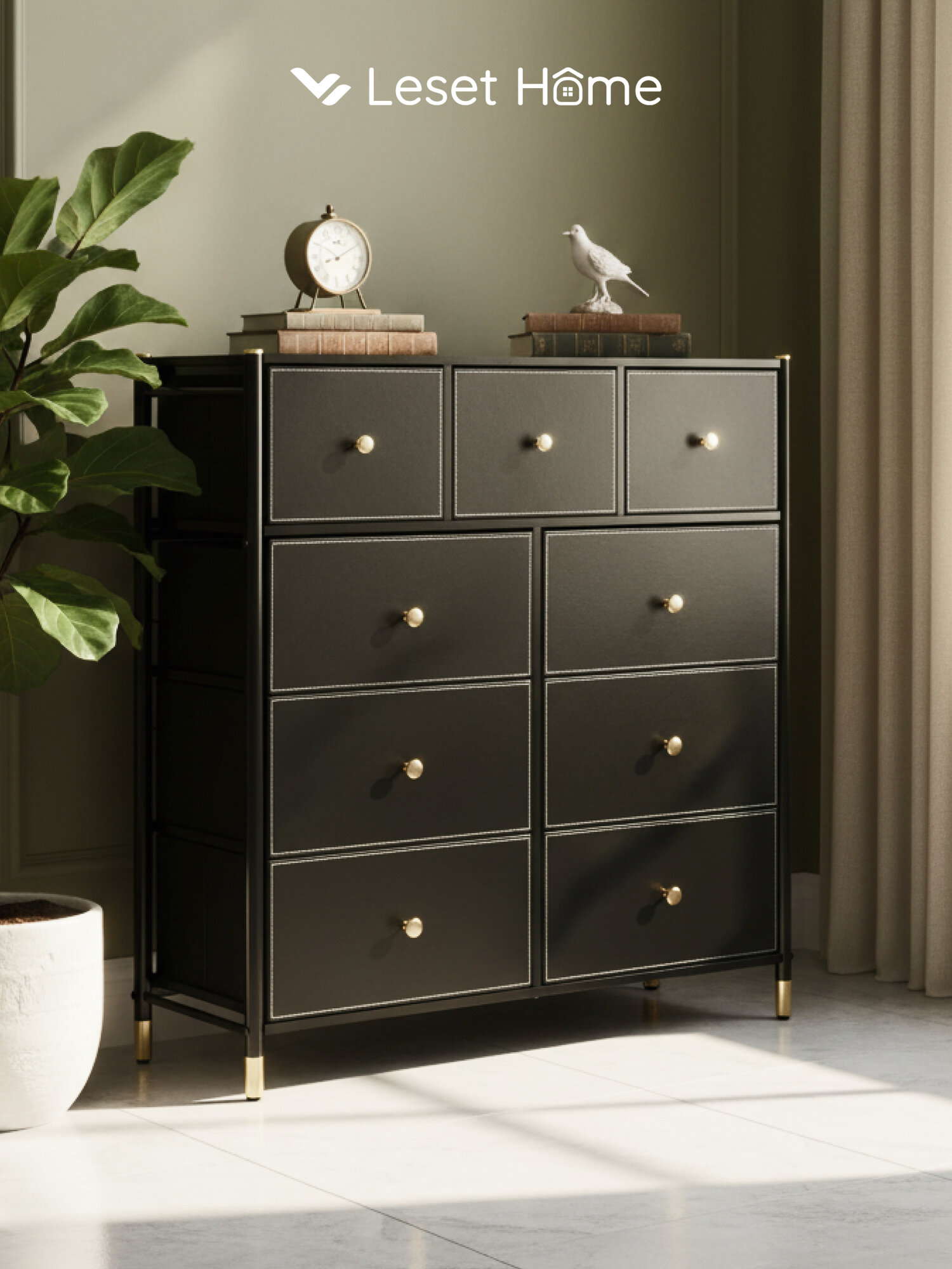 Комод в спальню Leset Нирита, 9 ящиков, Комод для вещей в гостиную, каркас металлический Чёрный, фасад экокожа