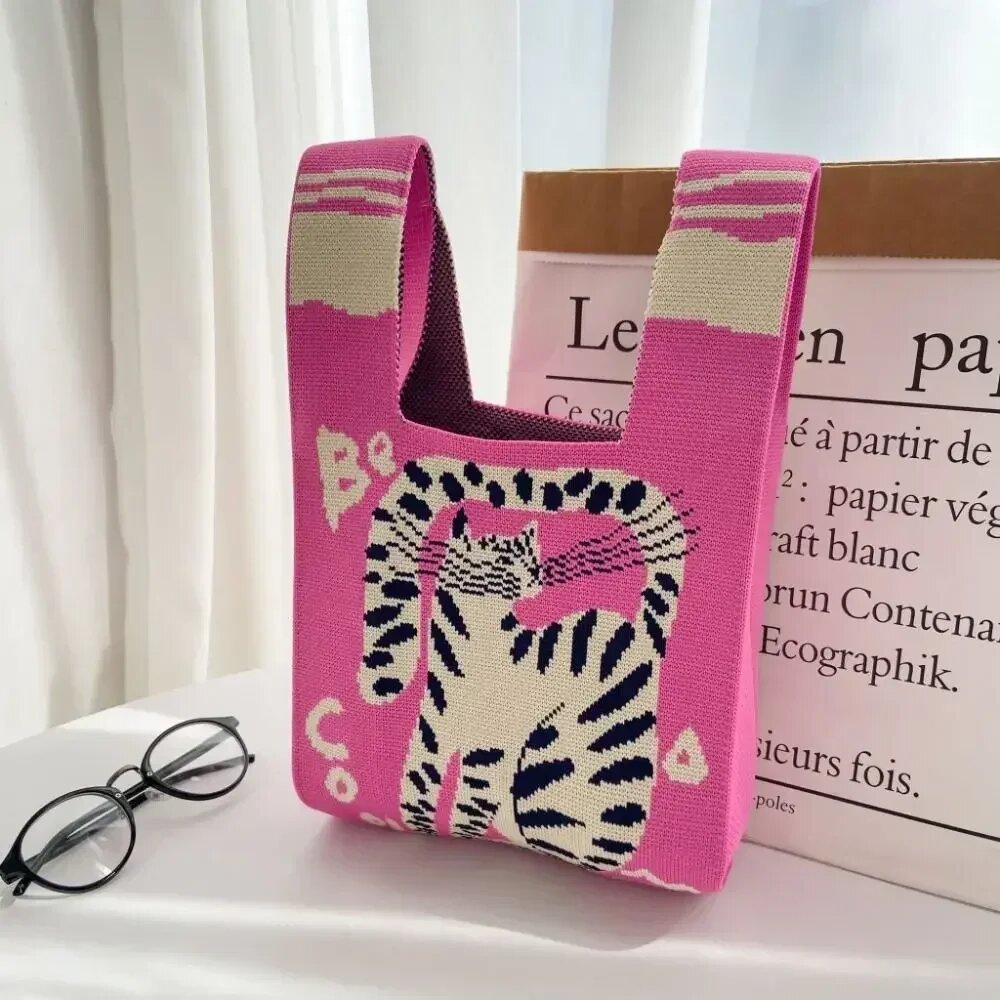 Кошачья вязаная сумка, модная вязаная сумка, ручной работы, сумки для покупок с большим узелом, девочки