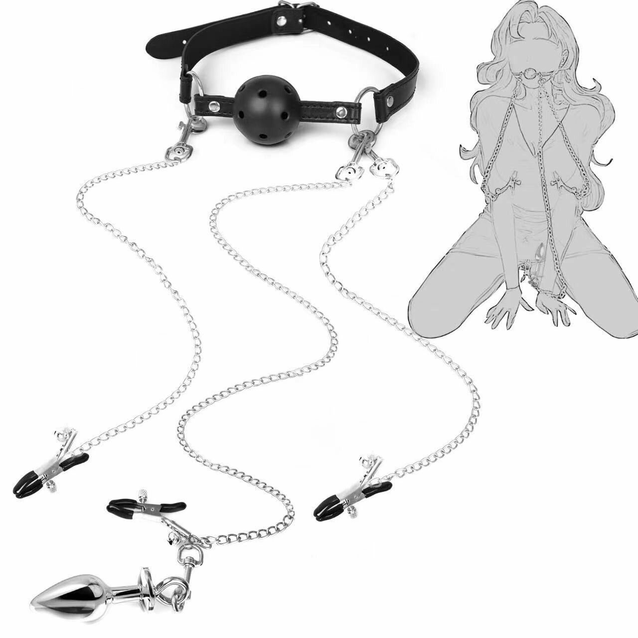 Сексуальный бондаж, БДСМ, набор для связывания, секс-игрушка с дышащим шариковым кляпом, зажимом для сосков, клипсой для клитора и анальной пробкой в комплекте, взрослые SM-игры, секс-игрушки для пар