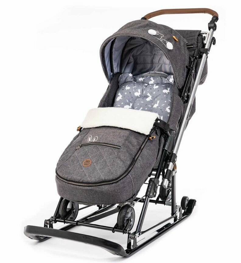 Санки-коляска "Joy every day J1/1" серый с кроликами, для мальчивок и девочек
