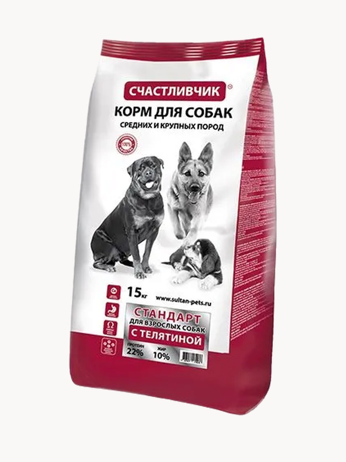 Корм сухой 15 кг Телятина для взрослых собак средних и крупных пород, Счастливчик Стандарт полнорационное питание