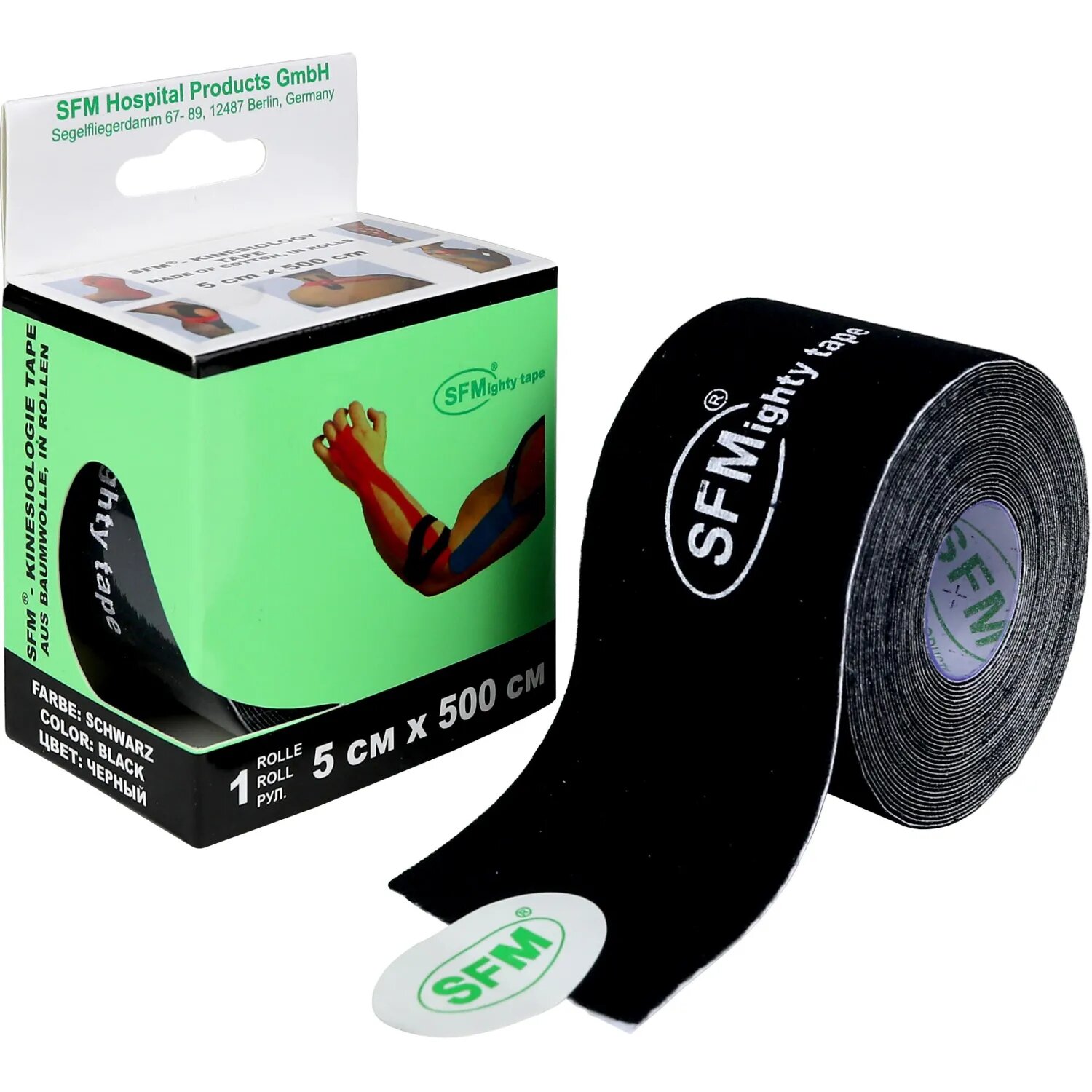 Тейп кинезио, хлоковая основа, 5х500 см, черн, SFM-Plaster