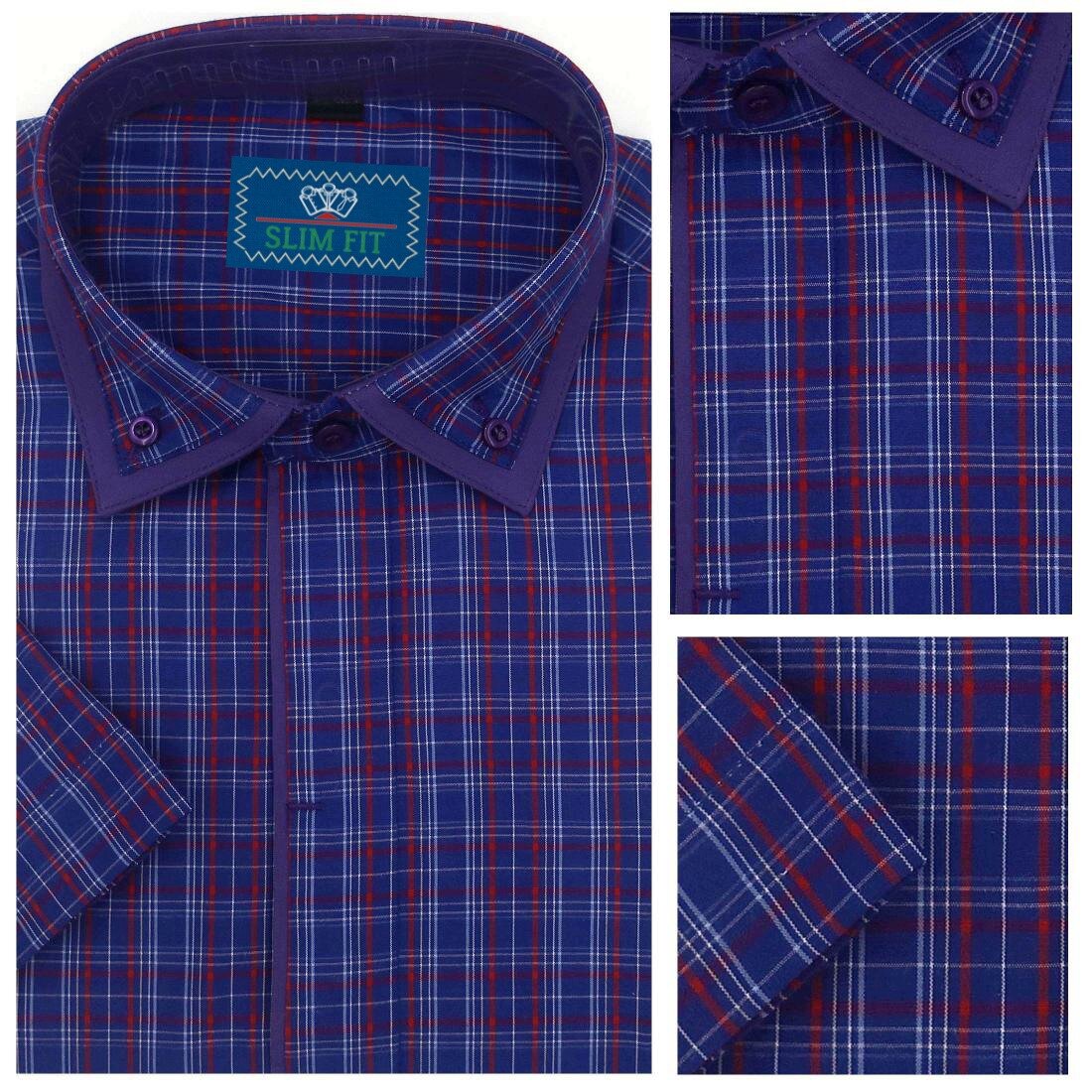 Рубашка Мужская рубашка с коротким рукавом приталенная, темная сорочка на пуговицах, рубаха на любой сезон, синяя клетка, без карманов, с отделкой рубашка Slim fit с приталенным кроем зауженная