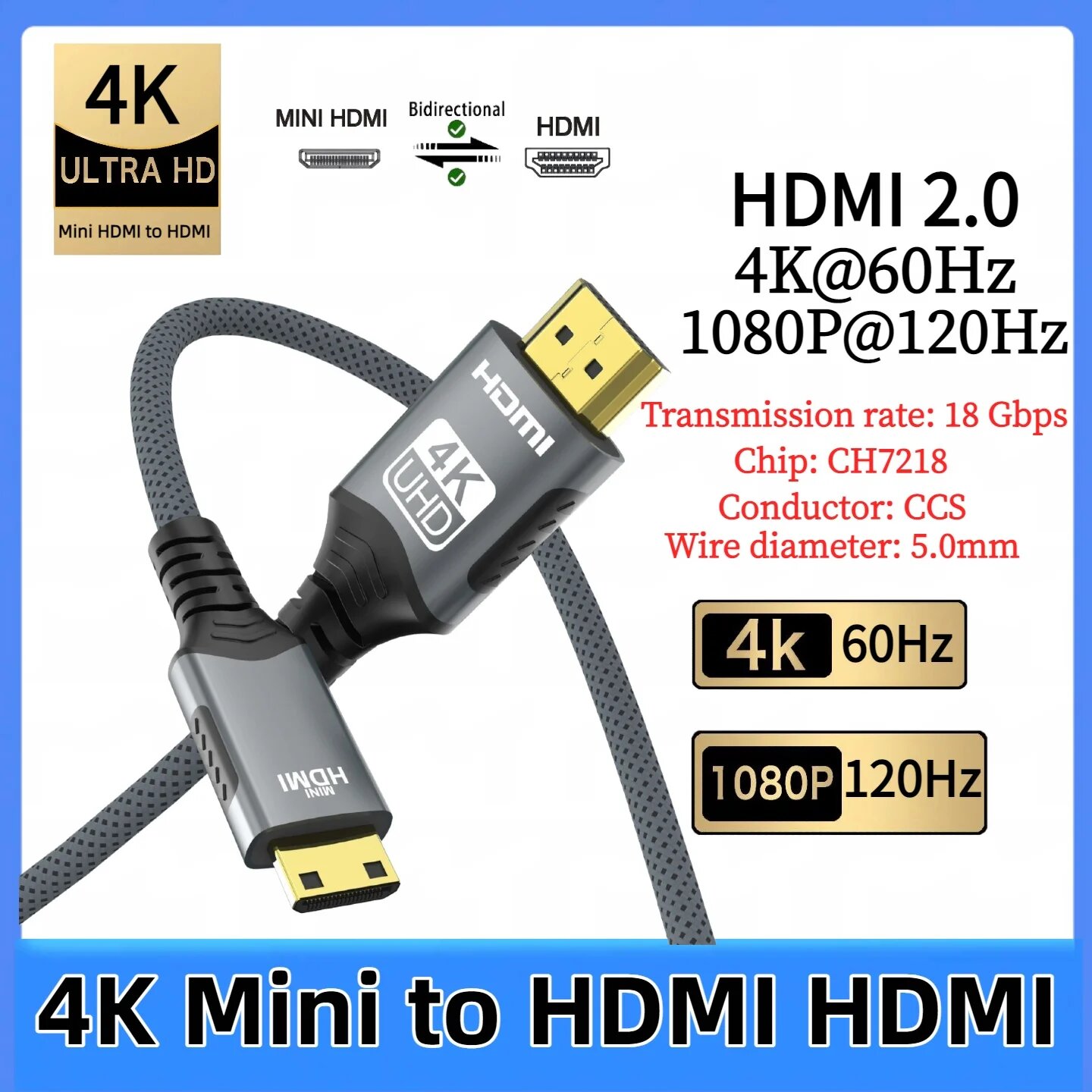Mini HDMI to HDMI кабель 3 м, 4K — фото 1