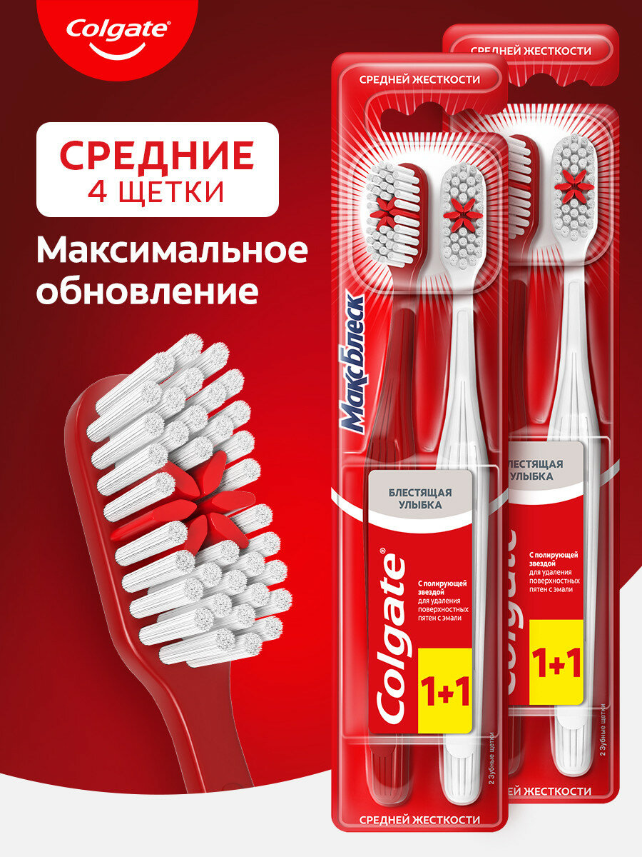 Зубная щетка Colgate Макс Блеск, средней жесткости, промоупаковка 1+1 (2 упаковки в наборе)