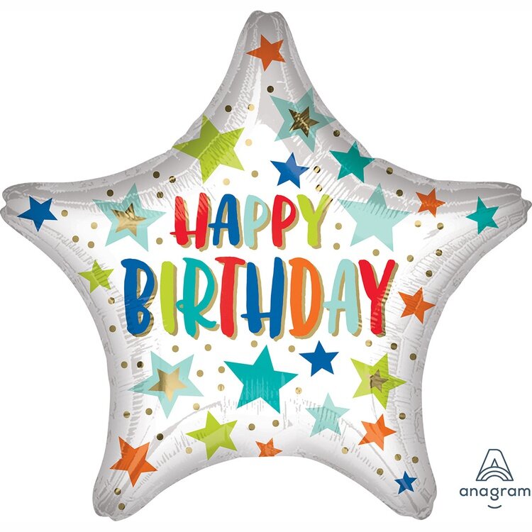 Воздушный шар Anagram 18" Happy Birthday Звезды разноцветные на белом, S40