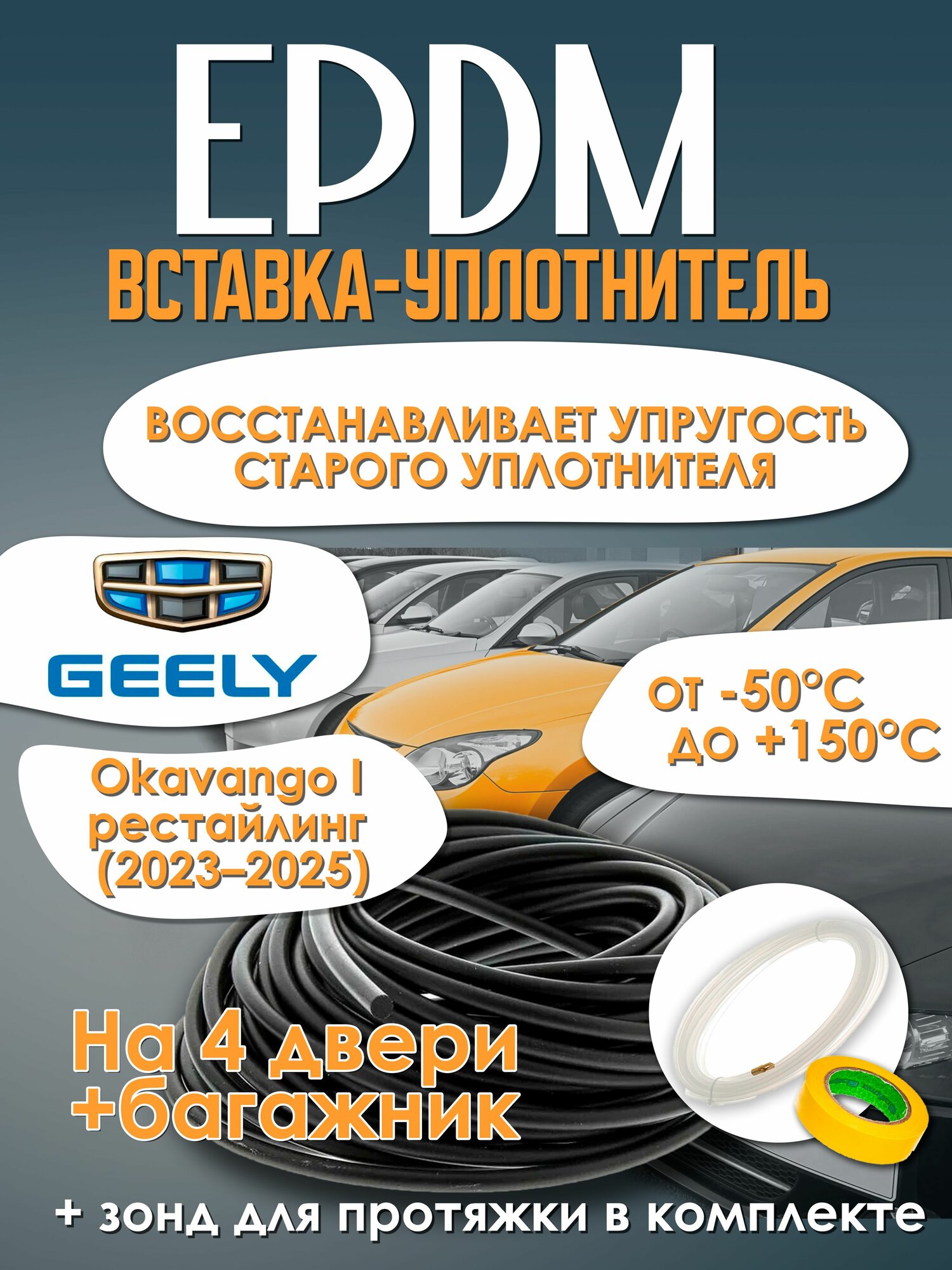 EPDM вставка-уплотнитель для дверей автомобиля Geely Okavango I рестайлинг (2023-2025) / Джили Окаванго 1 поколение рестайлинг