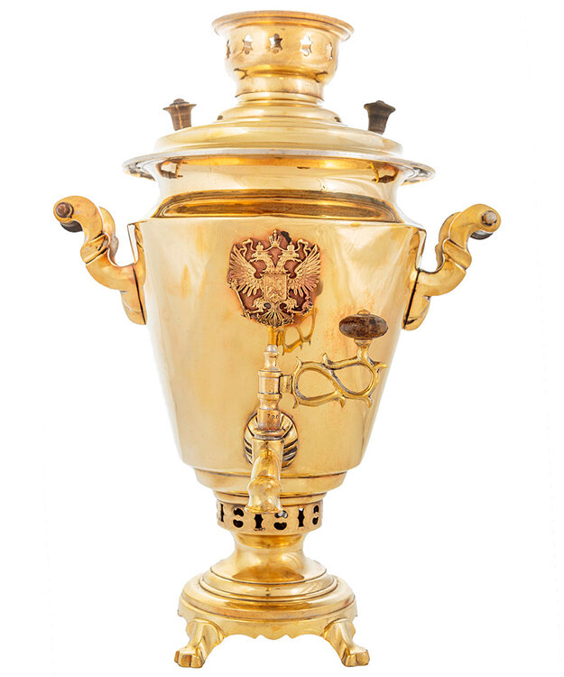 Самовар 5 л угольный желтый конус гладкий с накладным гербом