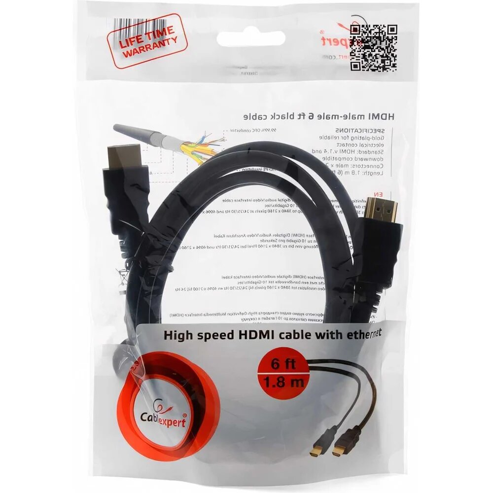 Кабель Cablexpert HDMI 19M/19M, v2.0, медь, позол. контакты, экран, 1.8м, черный, пакет, — фото 1