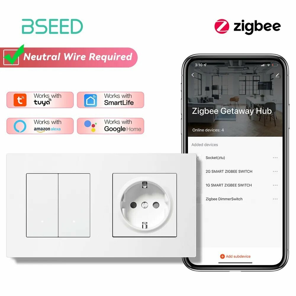 Умный выключатель с розеткой c Алисой Zigbee, Легко нажать, Пластиковая рамка, Серия E - CLICK