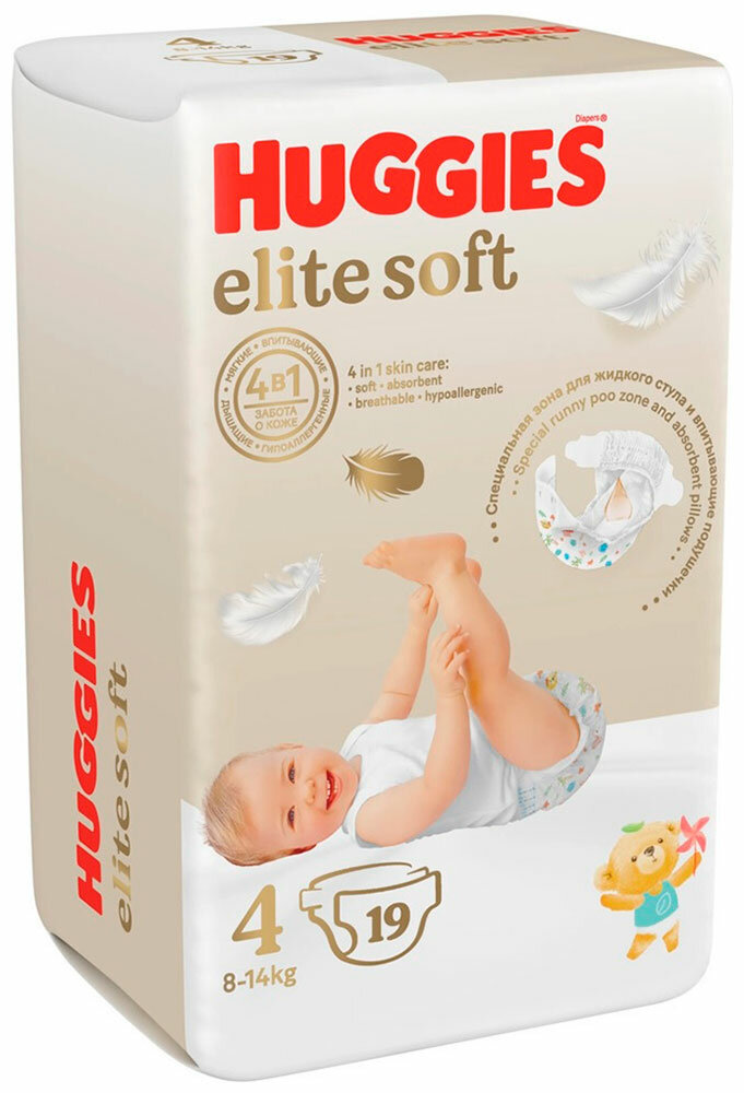 Подгузники Huggies Элит Софт 4, 8-14 кг, 19 шт