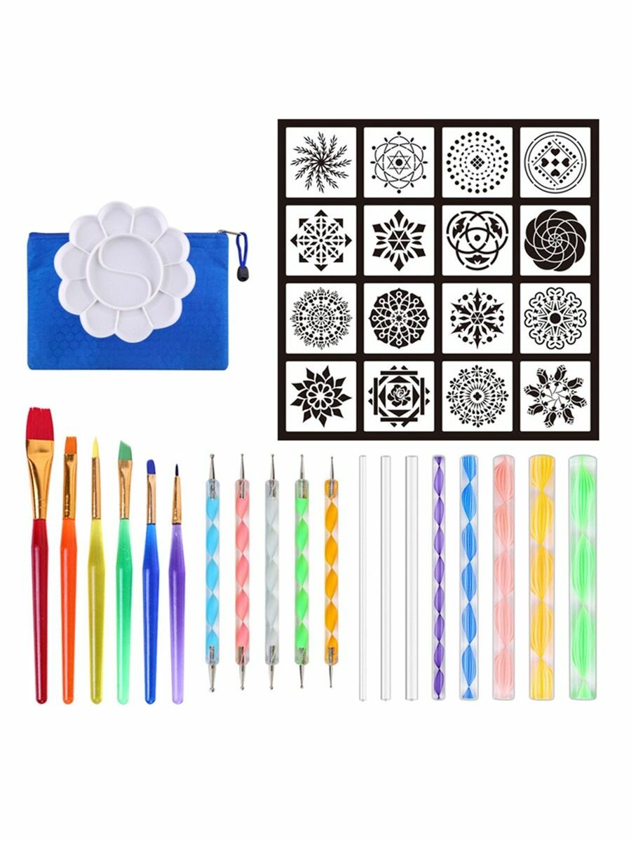 Набор из 37 инструментов для нанесения точек мандалы с трафаретами, кистью, шариковыми стилусами для рисования камней, ногтей, холста, раскраски, рисования, рукоделия