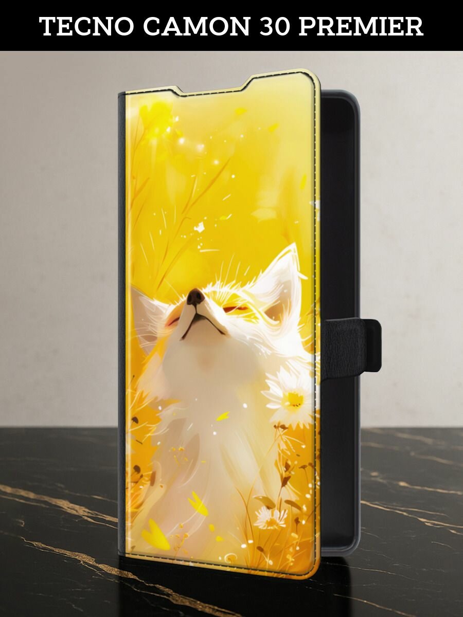 Чехол-книжка на Tecno Camon 30 Premier (Текно Камон 30 Премьер) с картой и принтом "Лиса в поле"