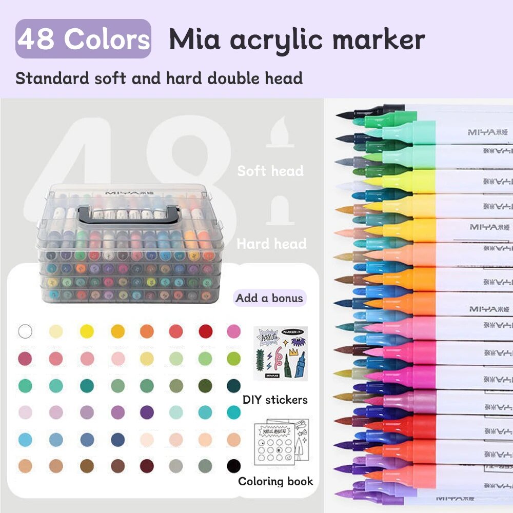 Набор Акриловых Маркеров MIYA С Двойной Головкой - 12/24/36/48 Цветов Для Ручной Росписи Своими Руками, Моющиеся