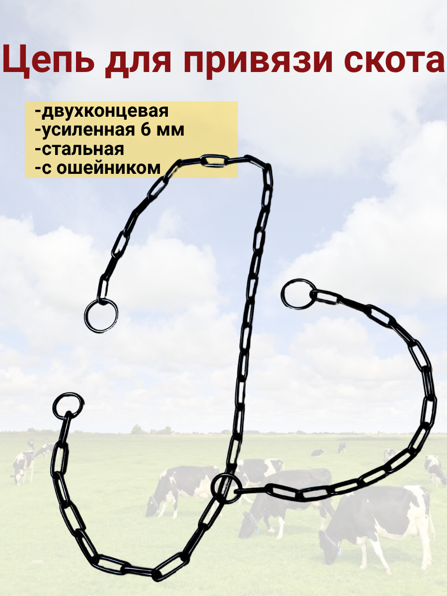 Цепь для КРС, двухконцевая, усиленная стальная, с ошейником 1,65м