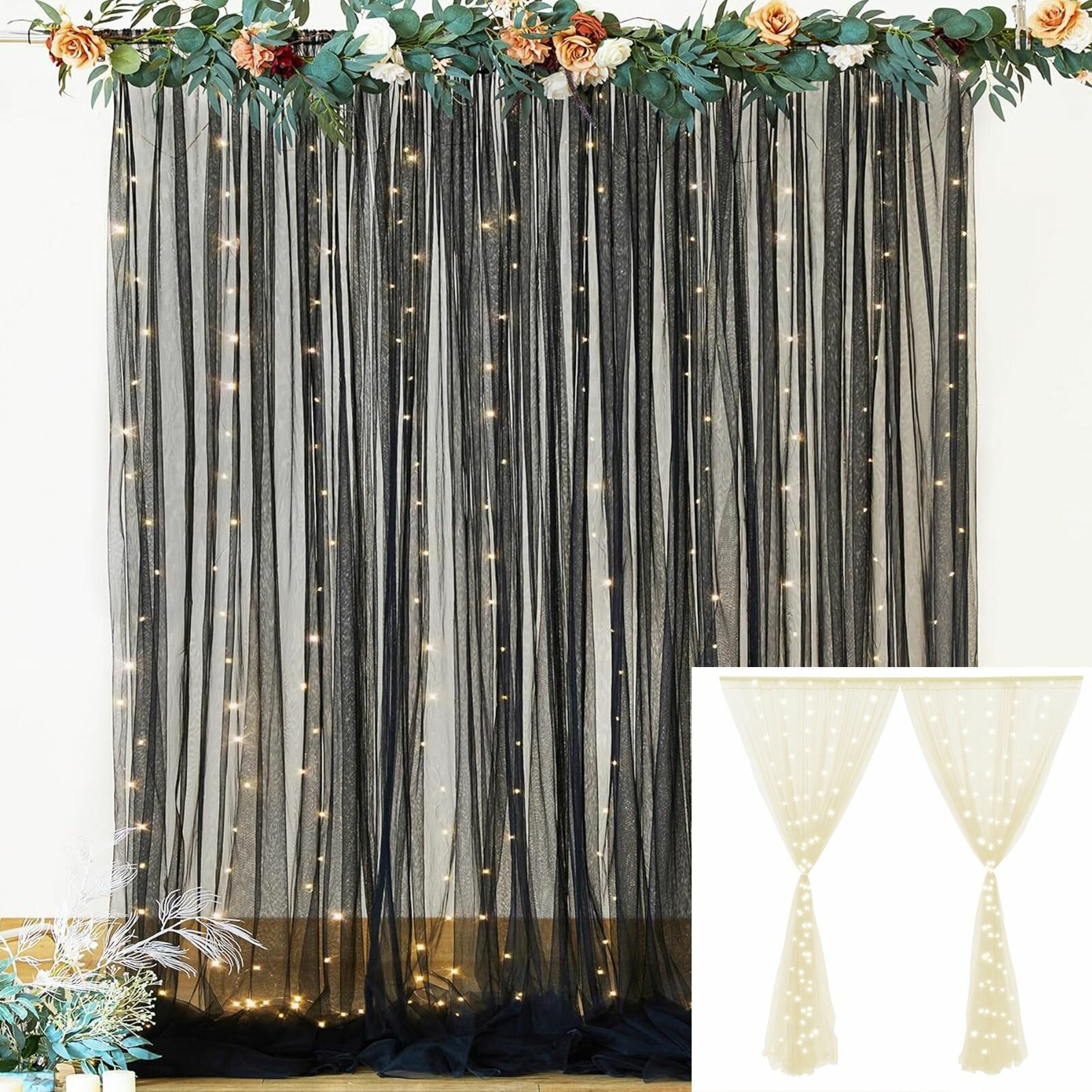 Марлевая занавеска со светодиодной подсветкой для вечеринок, черная, 1,5 *3 м, две упаковки, светящаяся атмосфера ночью