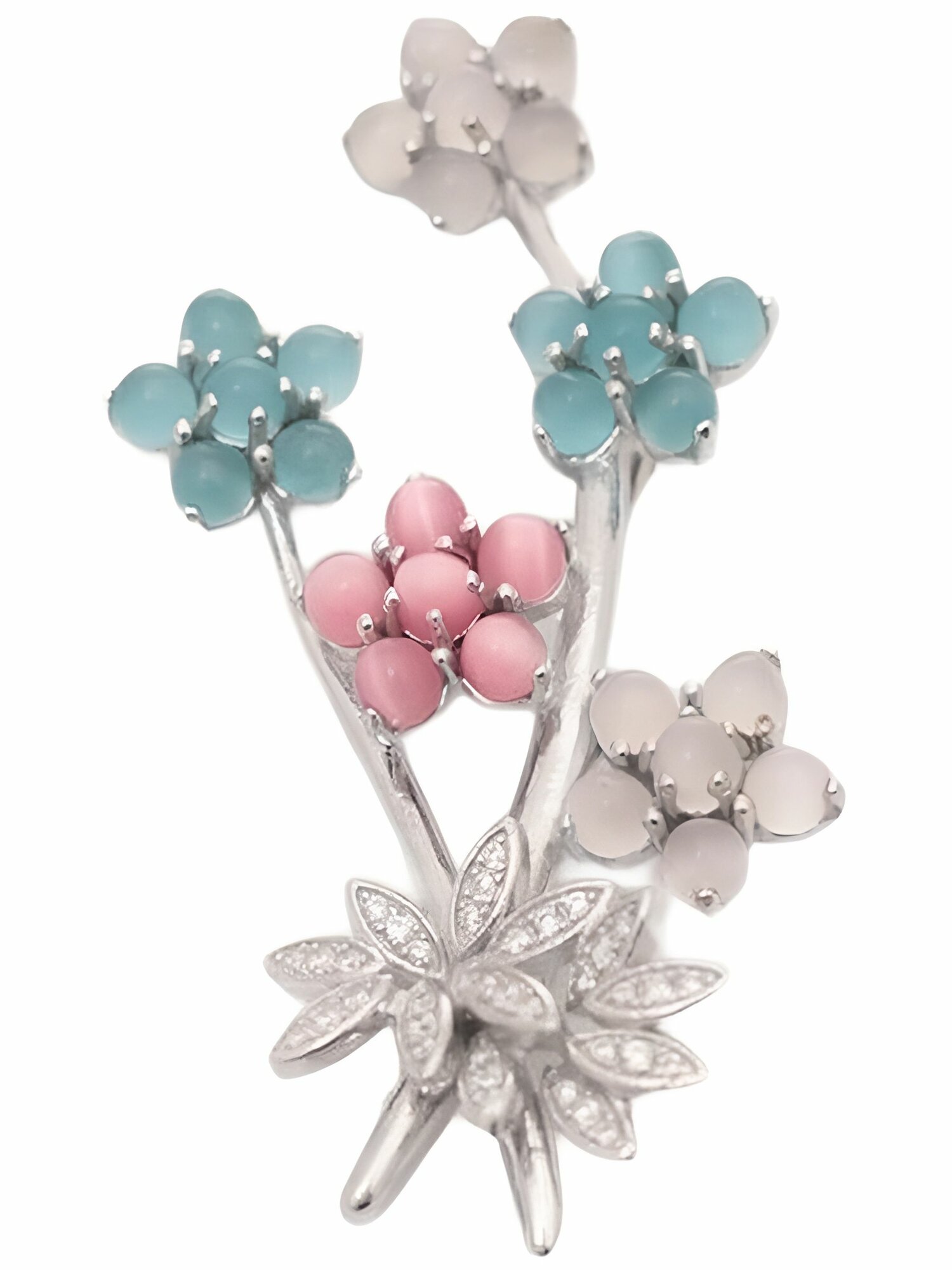 Брошь, серебро, 925 проба, родирование, фианит, кошачий глаз