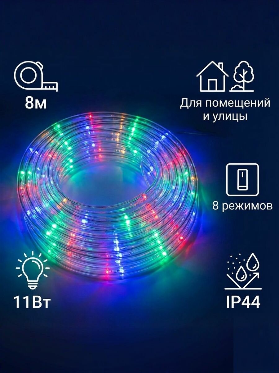 Гирлянда дюралайт многоцветная 8м, для помещений и улицы 8 режимов 11Вт IP44