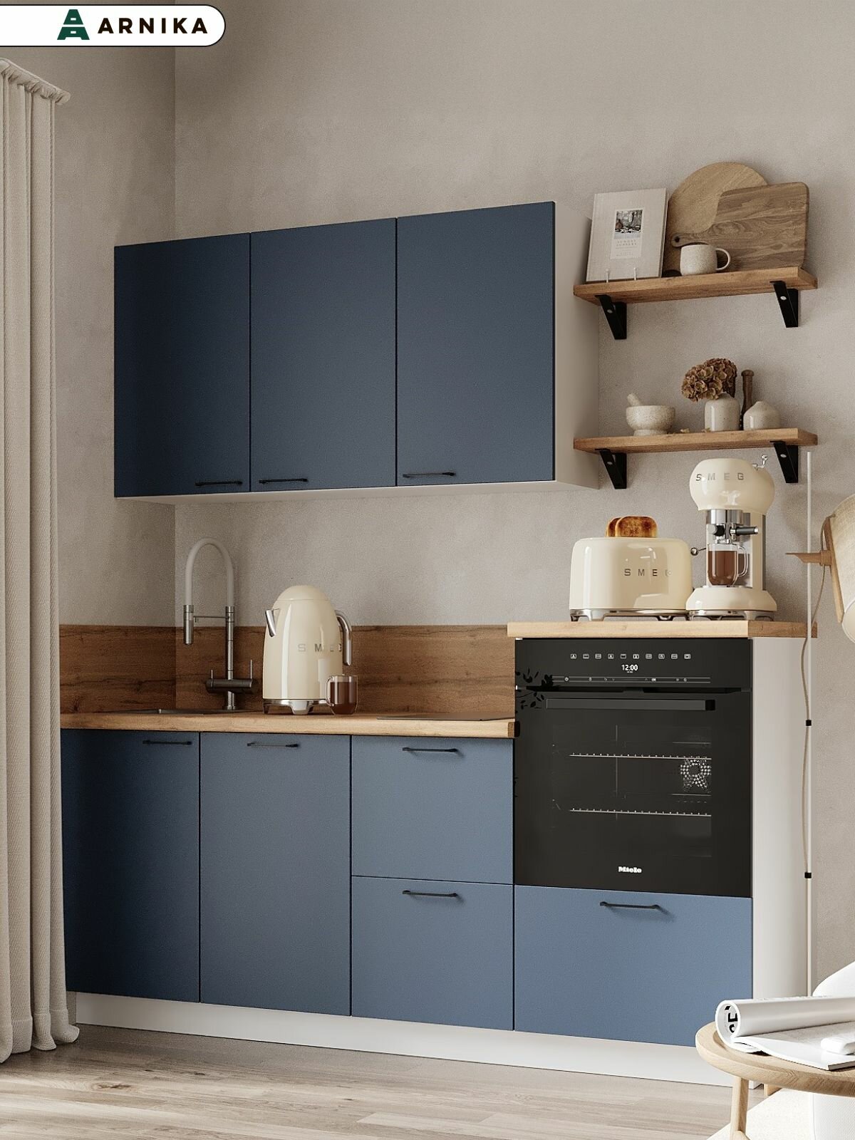 ARNIKA Кухонный гарнитур со столешницей "Дакия" 1,9м х 2,4м, цвет ежевика (синий), фасад пленка ПВХ