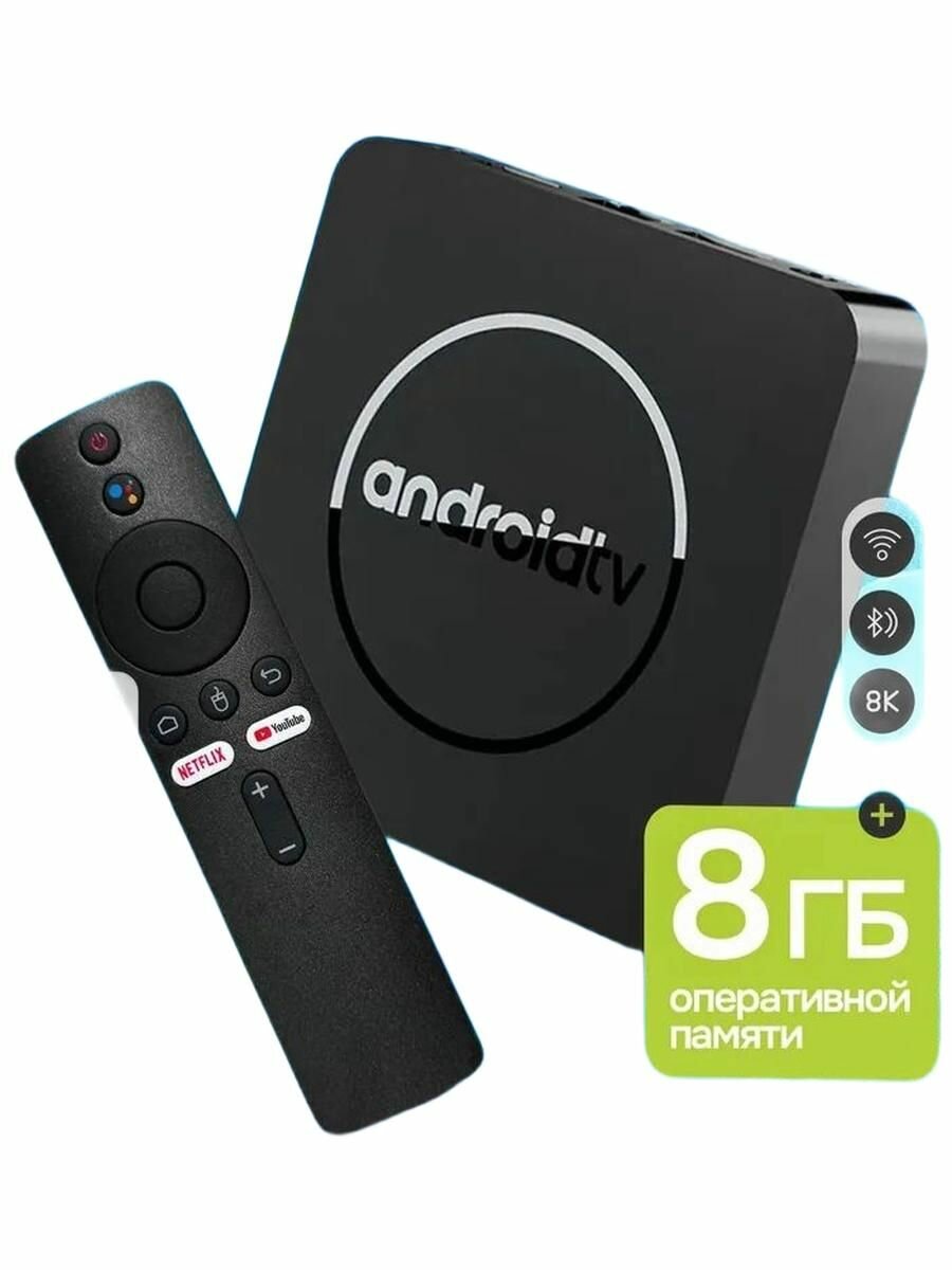 ТВ приставка Android TV 8K Ultra HD Смарт ТВ приставка с 8 ГБ RAM, 128 ГБ памяти, Android 15, медиаплеер с Wi-Fi и LTE