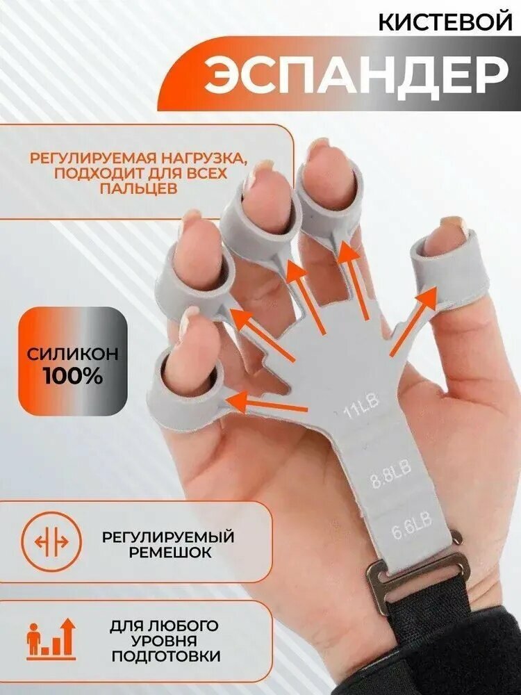 Эспандер кистевой, для пальцев рук, серый, 10x14см, регулируемый, 35г