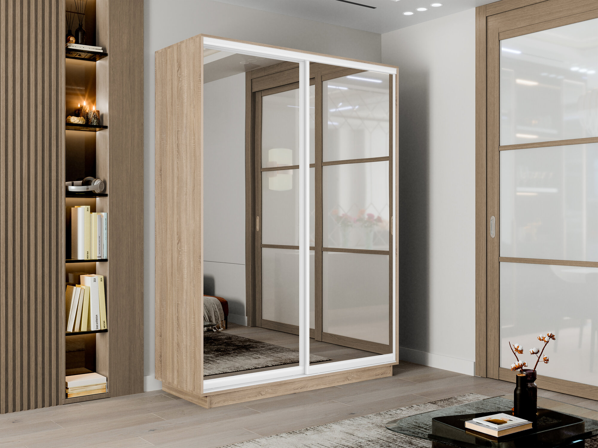 Шкаф купе Вилли Лайт 2-х дверный ЛДСП, зеркальные двери, профиль серебро 120 см х 220 см х 60 см (Дуб Сонома)