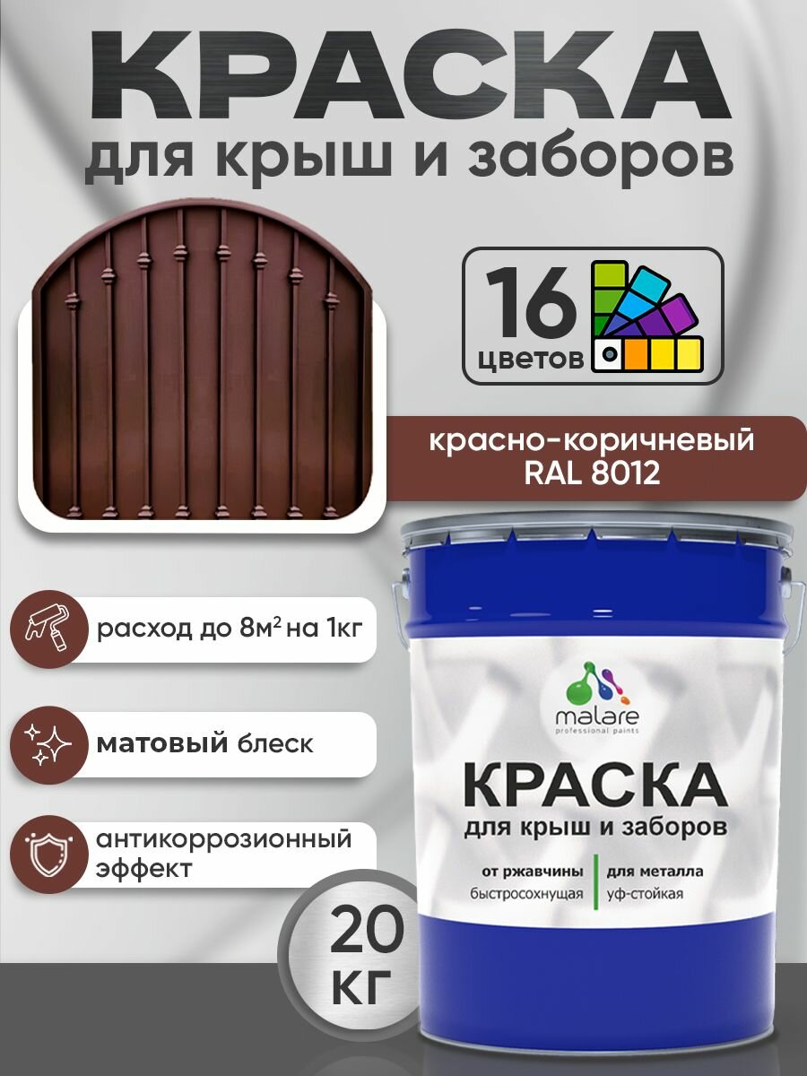 Краска по металлу Malare для крыш и заборов по ржавчине, для наружных работ, быстросохнущая износостойкая RAL 8012 красно-коричневый, матовая, 20 кг