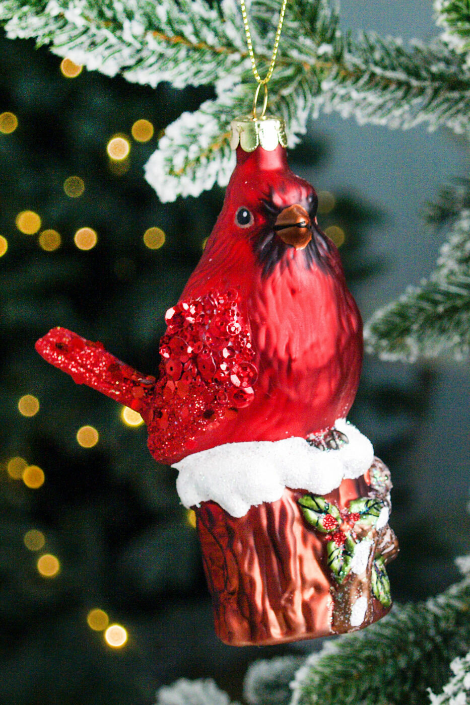 Ёлочная игрушка кардинал на пенёчке, стекло, 12 см, Goodwill YA92722